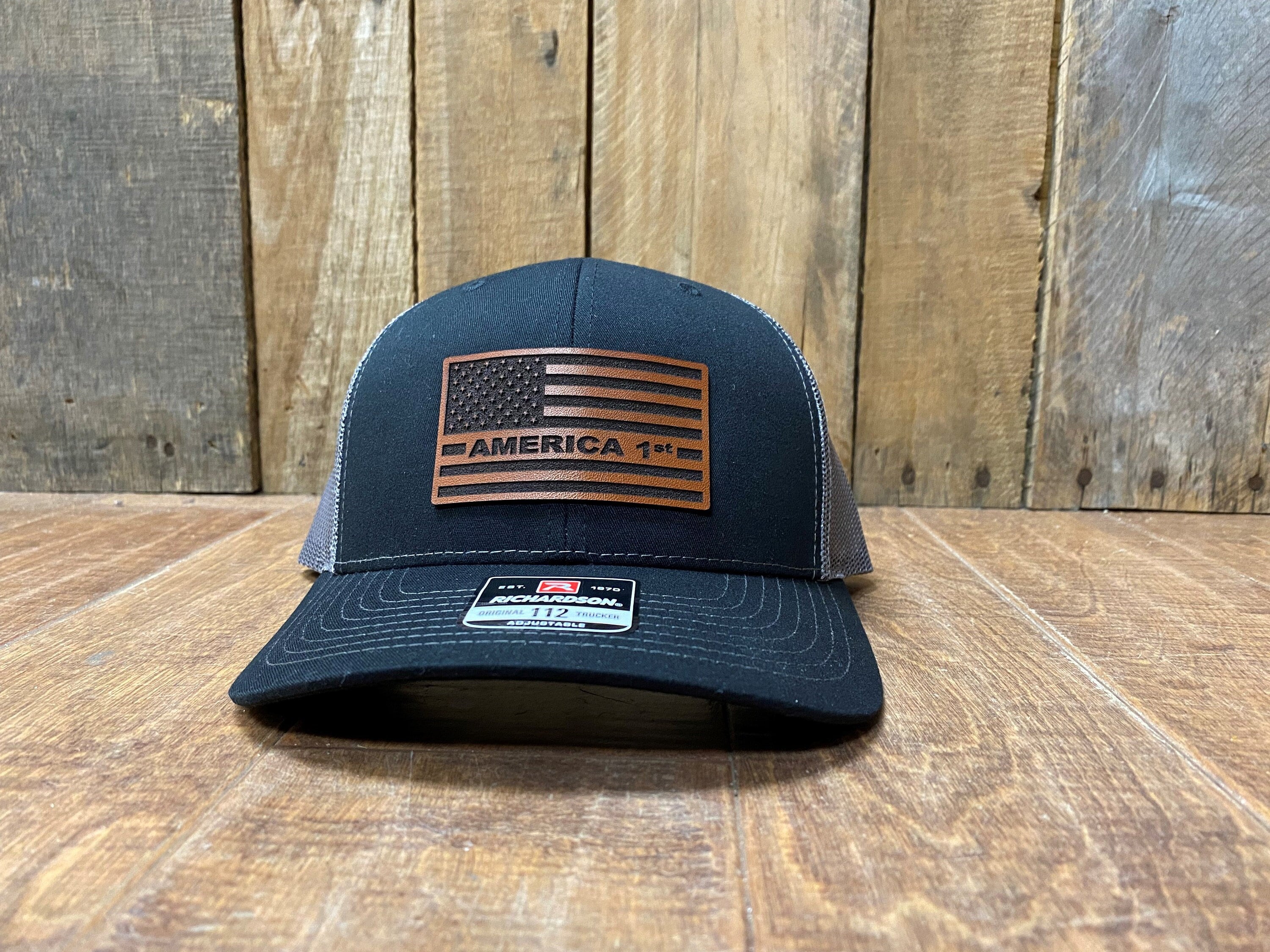 America 1st Flag Leather Patch Hat, Laser Engraved, Richardson 112 ...