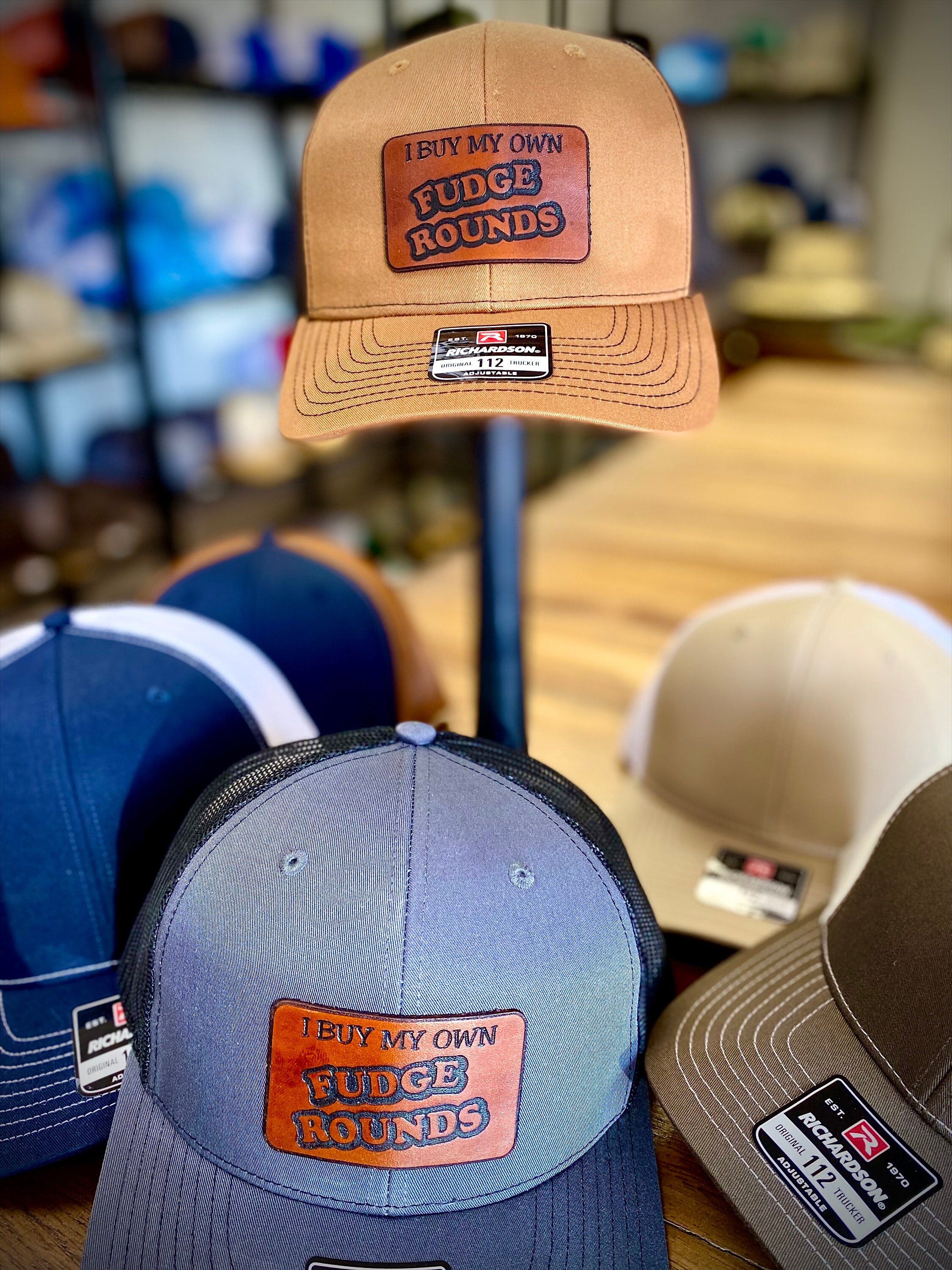 I buy my own Fudge Rounds Leather Patch Hat, Laser Engraved, Richardson ...