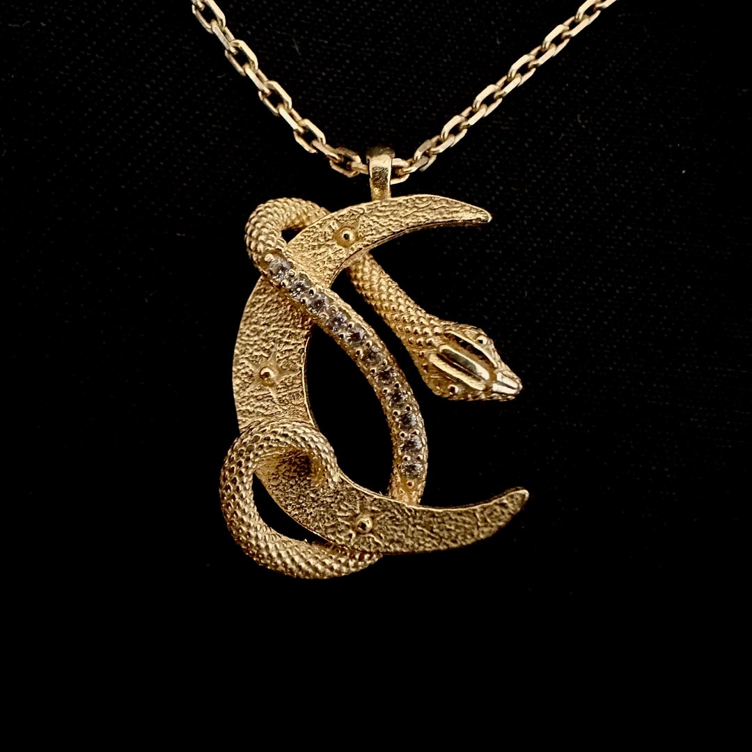 Silver Snake and Moon Necklace 925k, Serpent Pendant, Crescent Pendant ...
