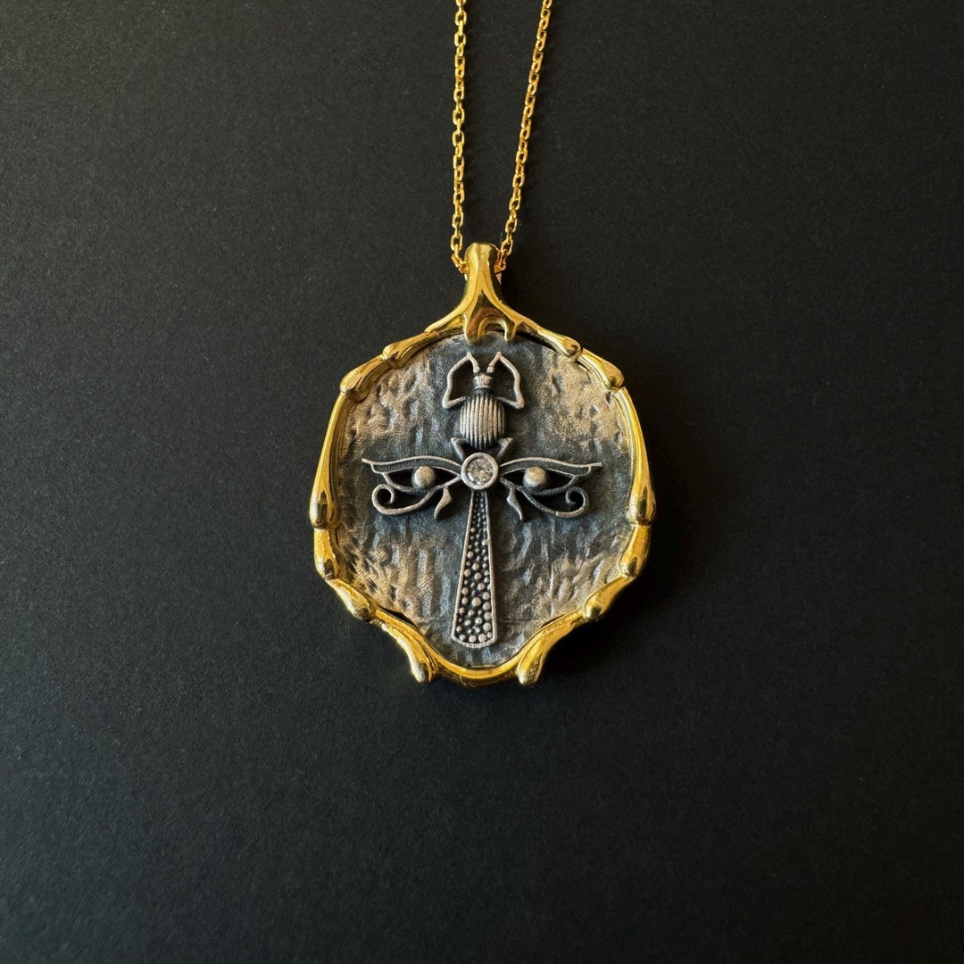 Scarab Ankh Medallion: Oxidized Sterling Silver Egyptian Necklace - Etsy