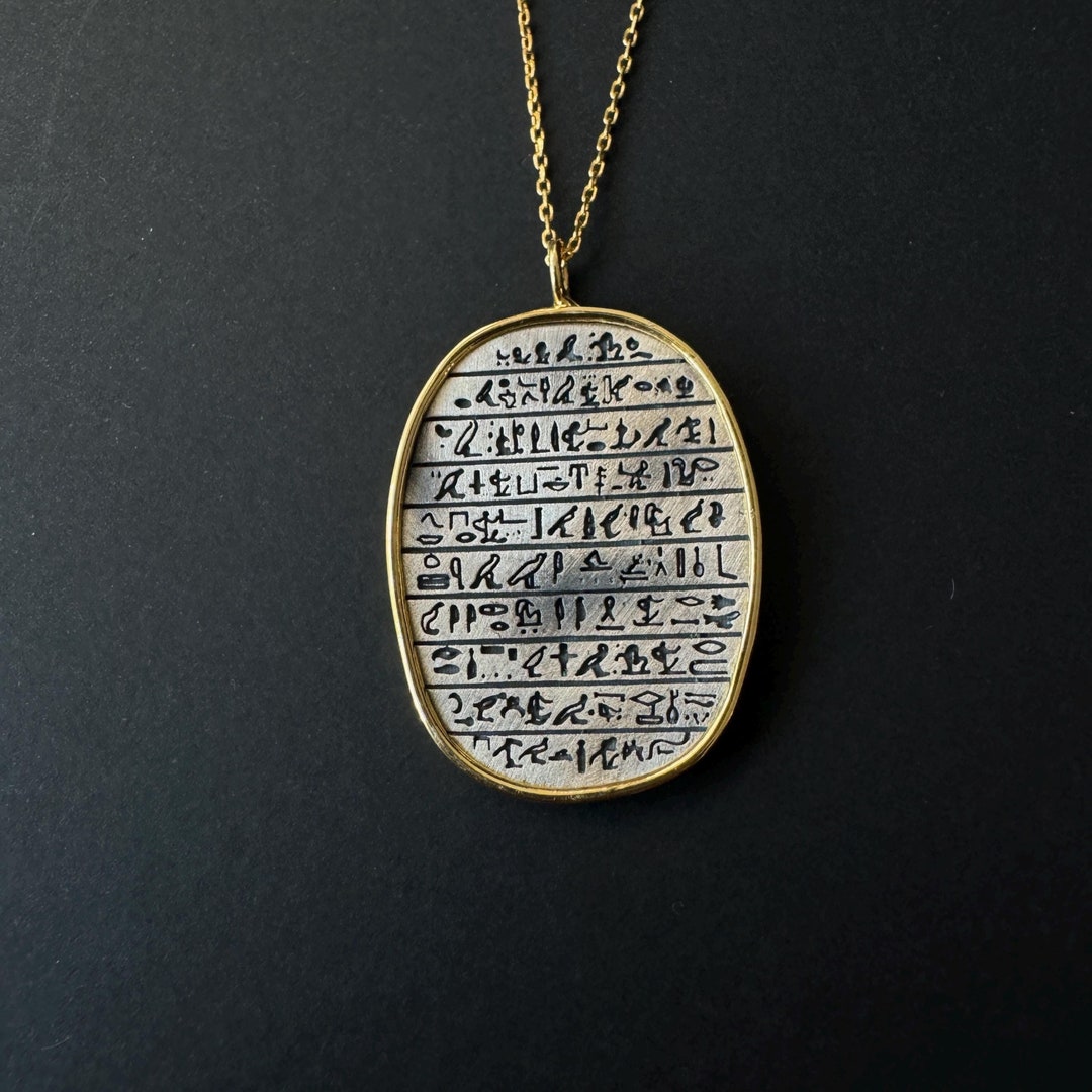 Egyptian Hieroglyphics Scroll Medallion Necklace, 925 Sterling Silver ...