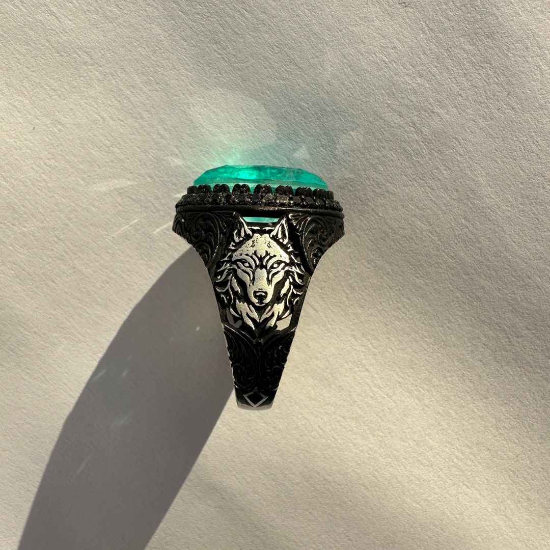 Black Wolf Ring 925 Sterling Silver, Black Gemstone Ring for Men, Animal Portrait Ring, Full ...