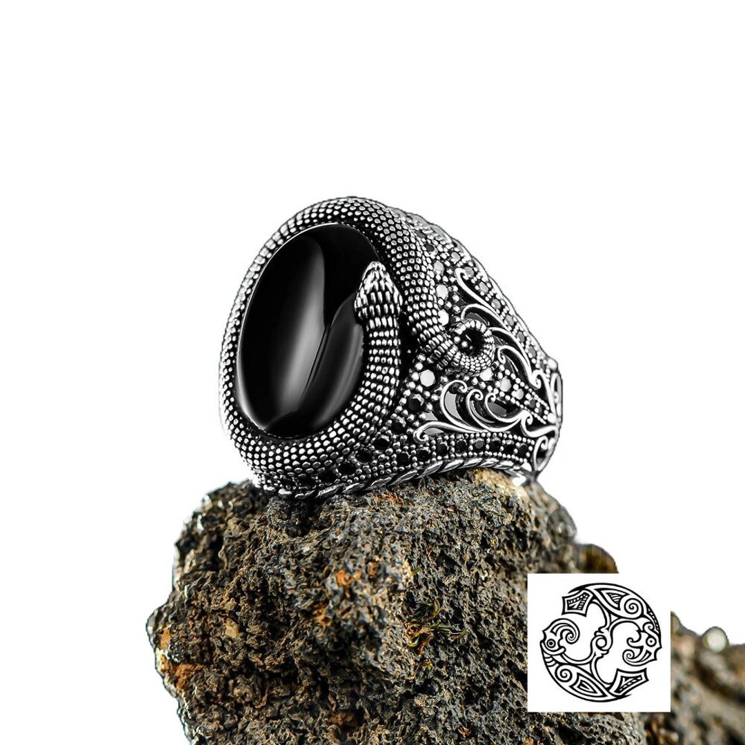 Black SNAKE Ring 925 Sterling Silver, Black Onyx Ring for Men, Animal ...
