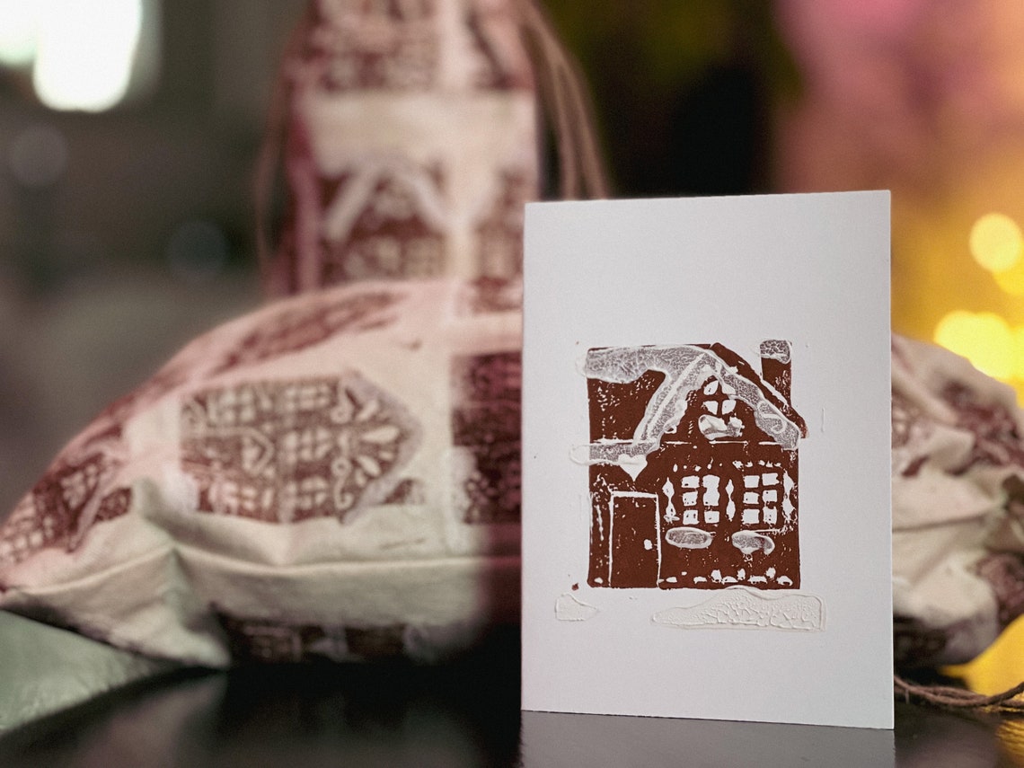 Gingerbread House Linocut Print Small Greeting Cards, Set of Three - Etsy