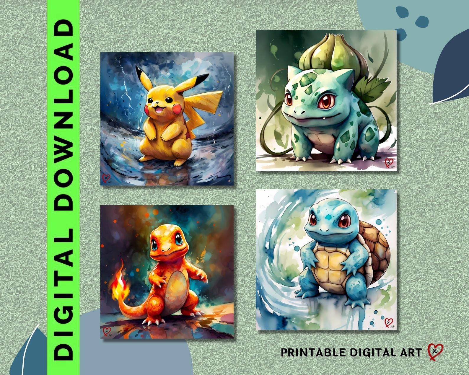 Starter Pokémon Wall Art Bundle - Digital Download - Pikachu, Squirtle ...