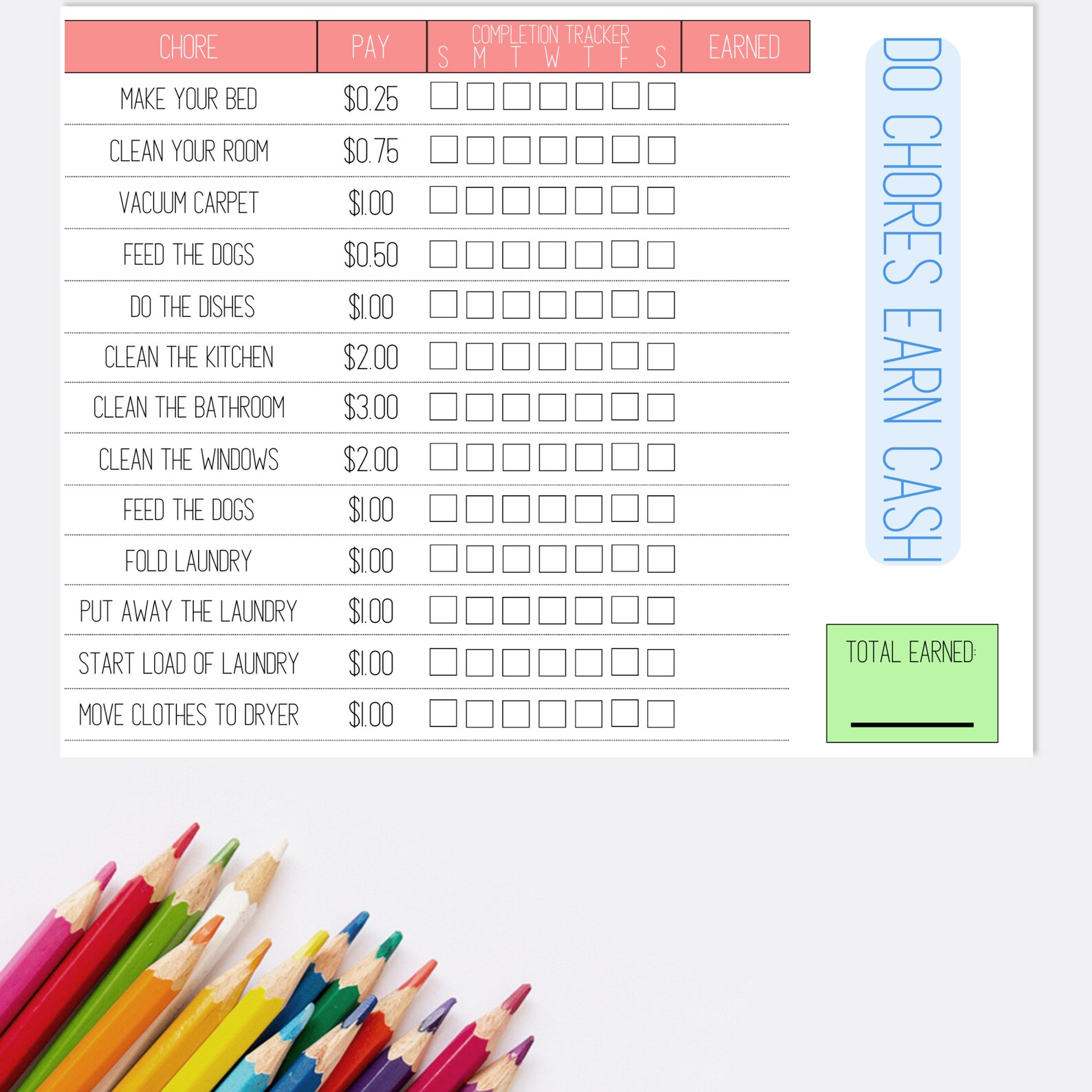 EDITABLE Do Chores Earn Cash Earn Allowance Chore Chart - Etsy