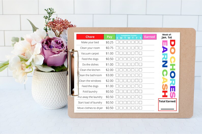 EDITABLE Do Chores Earn Cash Earn Allowance Chore Chart - Etsy