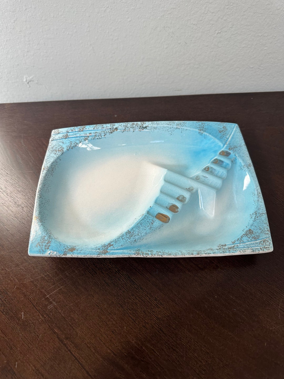 Vintage Atomic Pottery Ashtray, Baby Blue, White, and Hold Rectangle ...