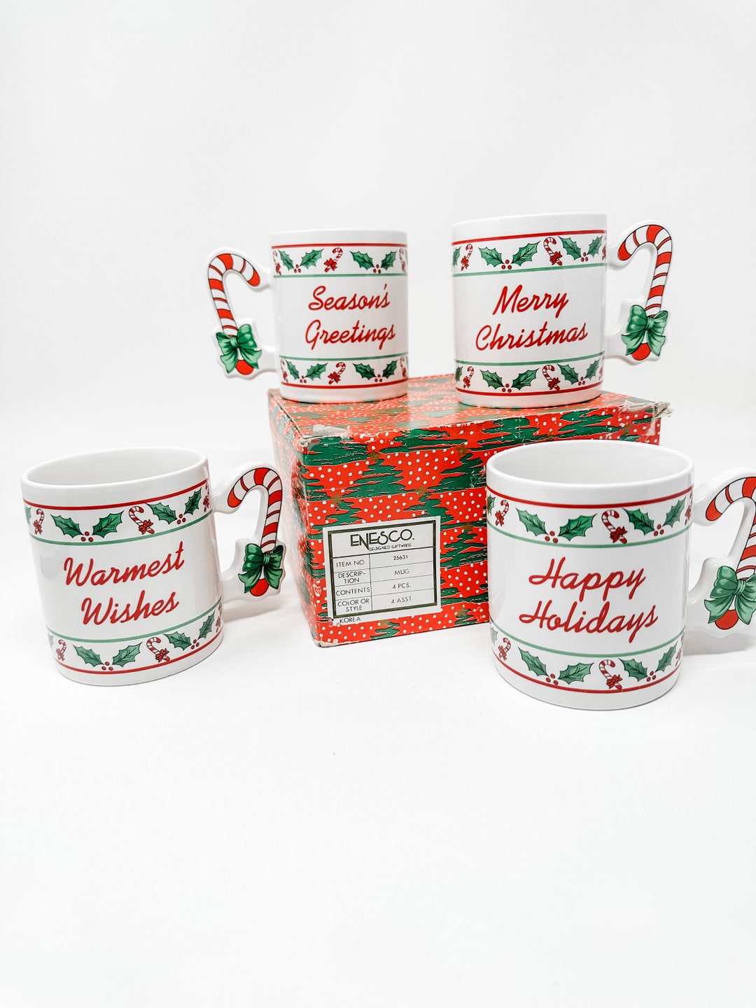 Vintage Enesco Christmas Mug Set: Holiday Greetings Coffee Cups - Etsy