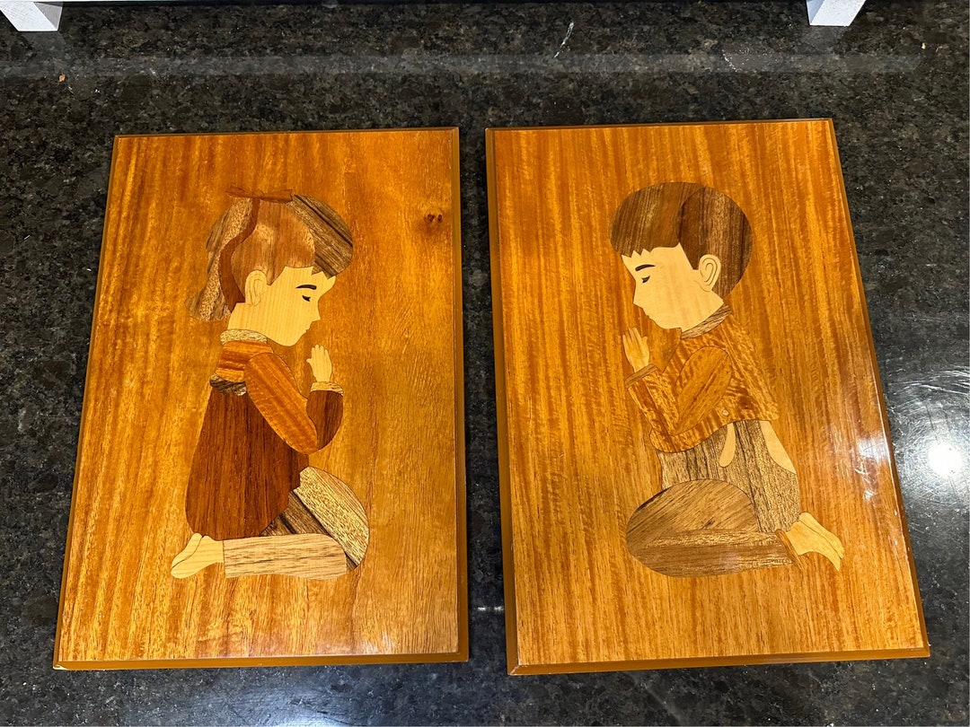 Wooden Religious Wall Art, Vintage Praying Children Set, Wooden Inlay ...