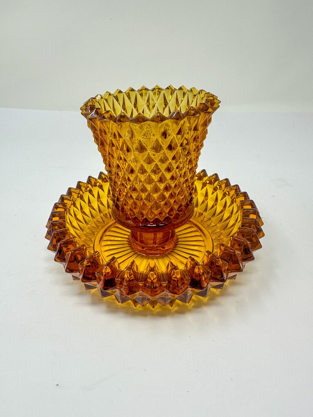 Glass Vintage Candlestick Holder: an Amber Diamond Cut Decoration for ...