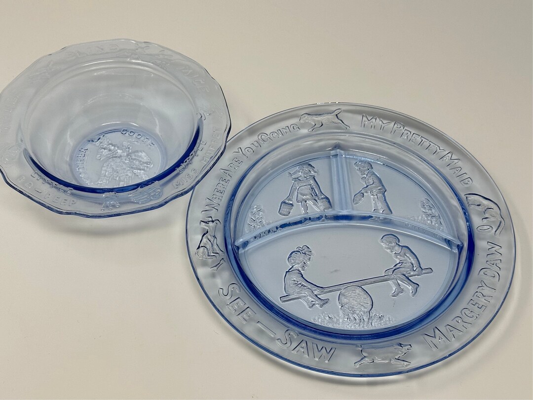 Blue Nursery Rhyme Plate and Bowl Set, Tiara Indiana Glass Set, Mother ...