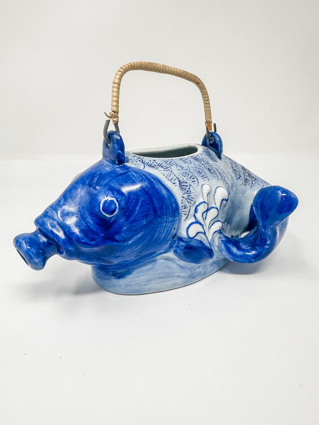 Blue & White Fish Teapot, 8” Mini Tea Pot With Painted Detail, Catfish ...