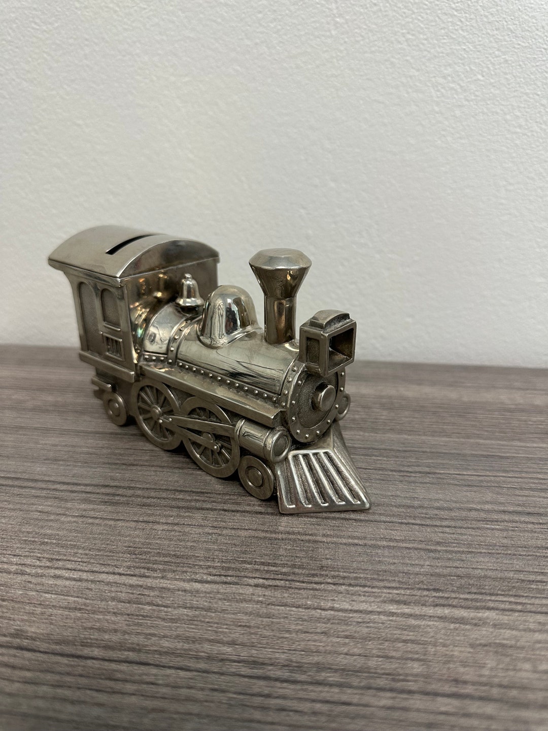 Train Coin Bank, Vintage Silver Toned Locomotive, Choo Choo Piggy Bank ...