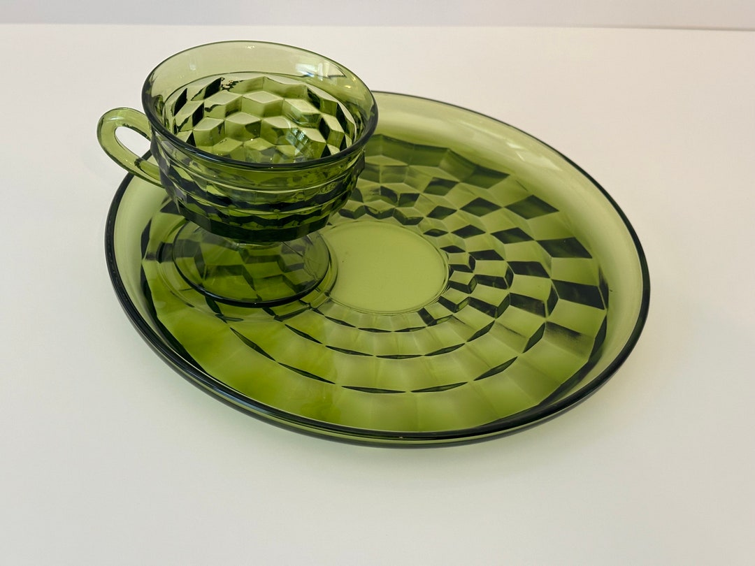 Cubist Green Snack Plate and Glass, Vintage Whitehall Avocado Snack Cup ...