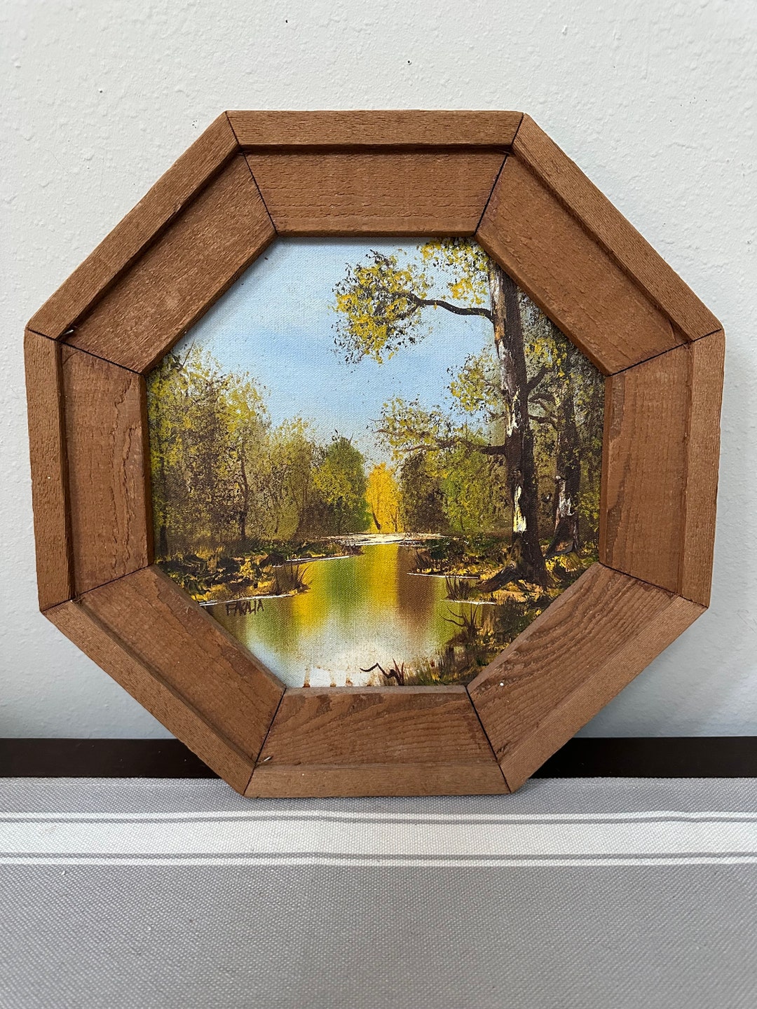 Octagon Shaped Hand Painted Fall Nature Scene, Wood Framed Vintage Oil ...