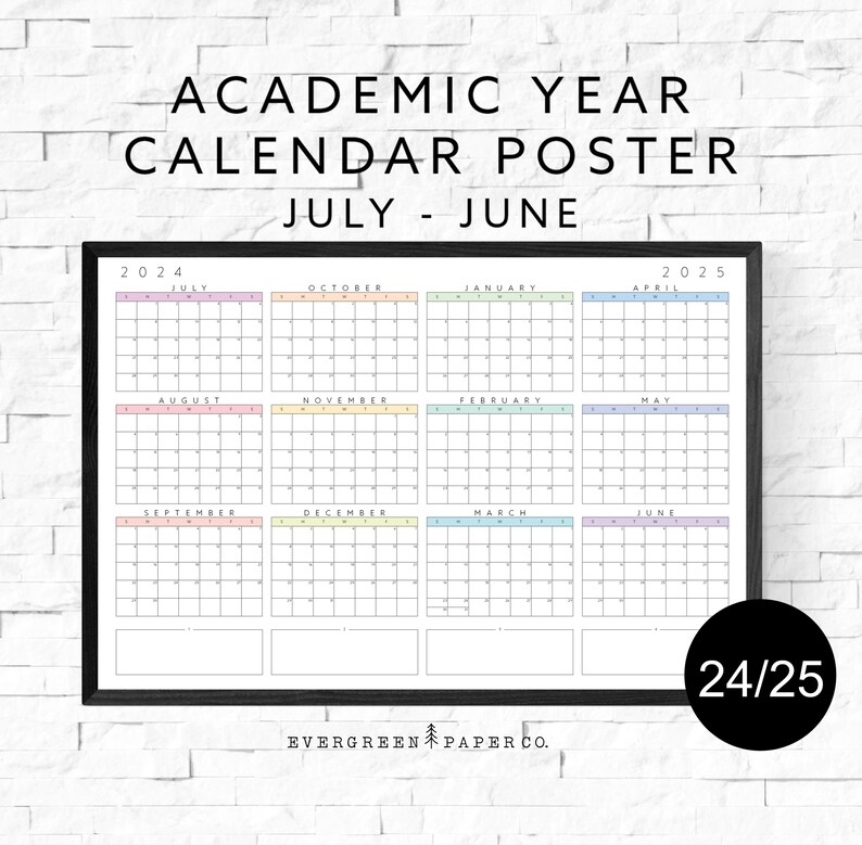 PRINTABLE 2024/2025 Academic MID YEAR Wall Calendar Poster Yearly and ...