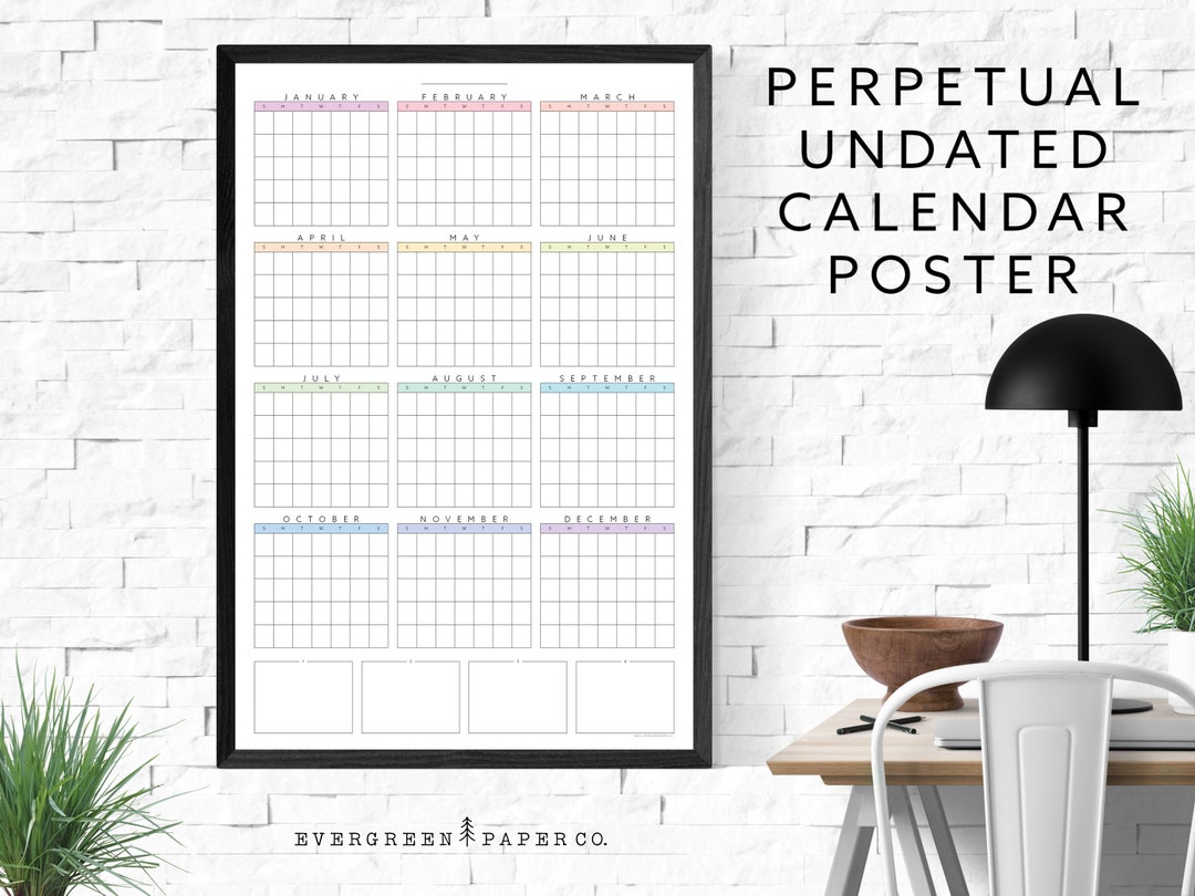 UNDATED Perpetual Any Year Wall Calendar Poster | Yearly and Monthly ...