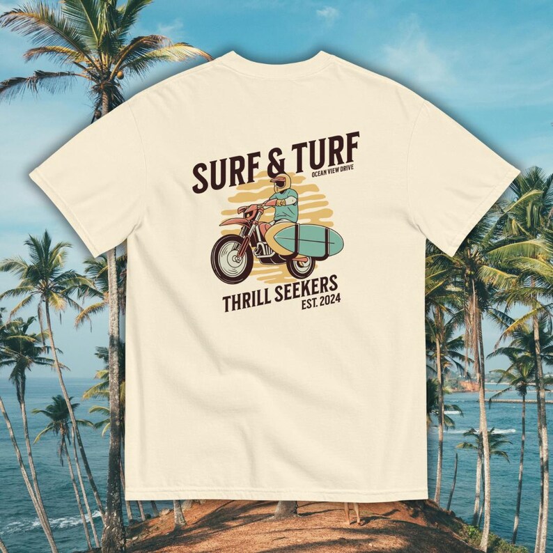 Surf & Turf Motorcycle Surfboard Graphic Tshirt, Extreme Sports Lover ...