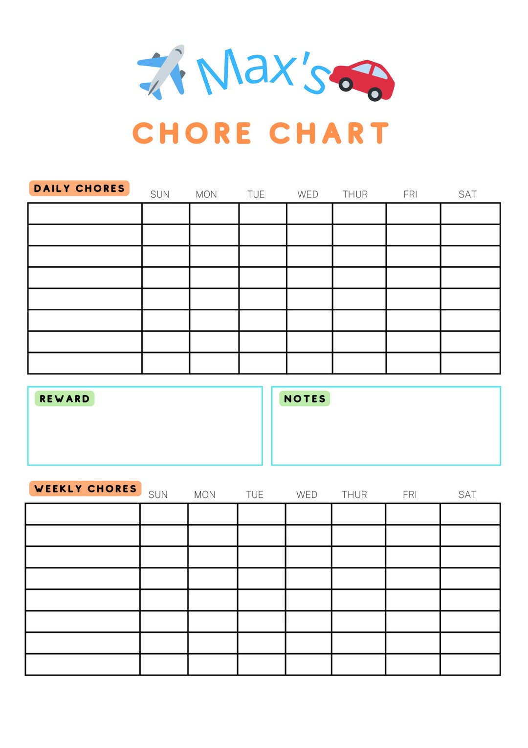 Chore Chart Chore Chart Boy Chore Chart Cars/plane Chore - Etsy Finland