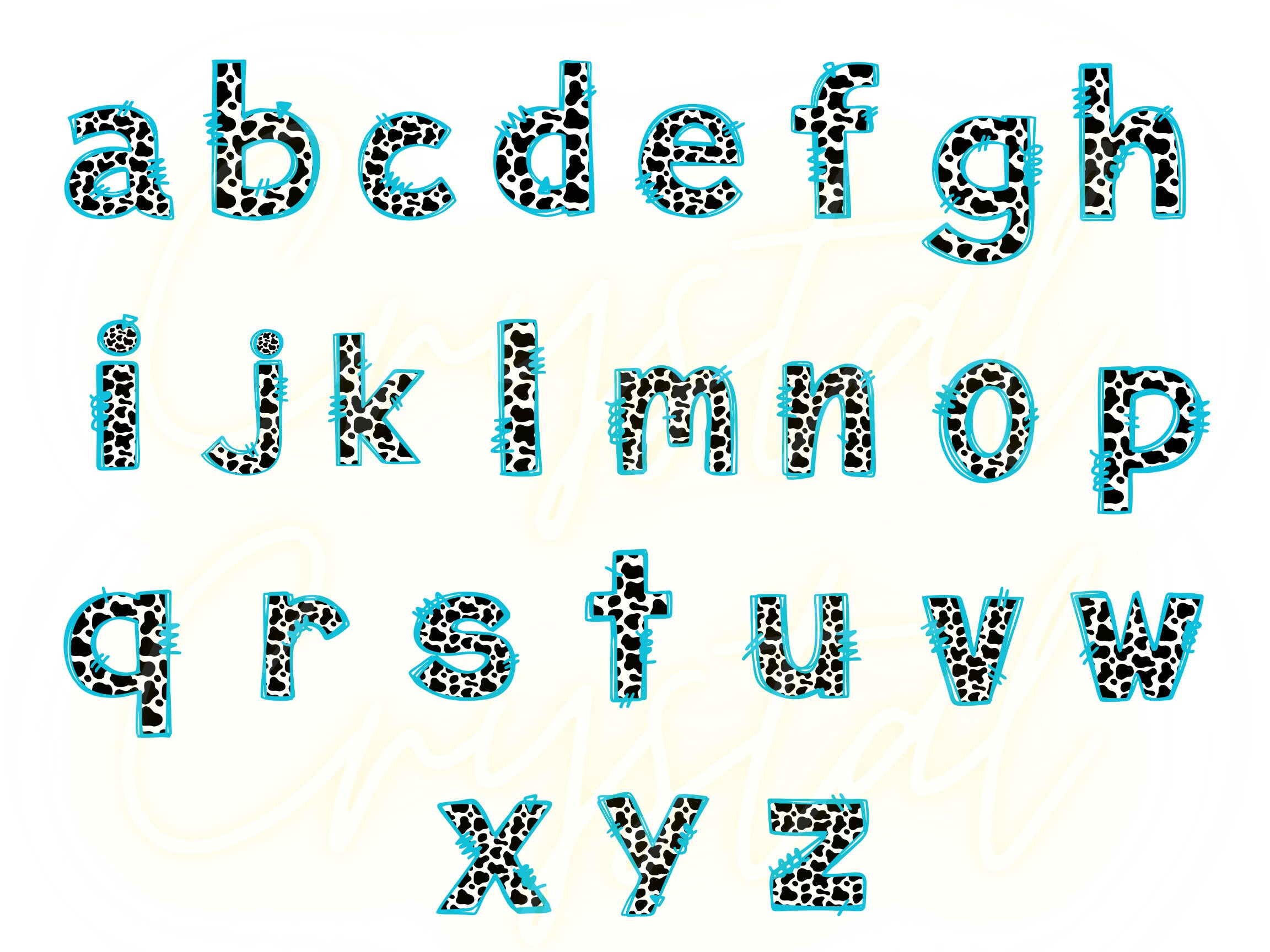Teal Cow Print Alpha Doodle, Uppercase and Lowercase Letters, PNG ...