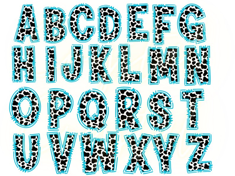 Teal Cow Print Alpha Doodle, Uppercase and Lowercase Letters, PNG ...