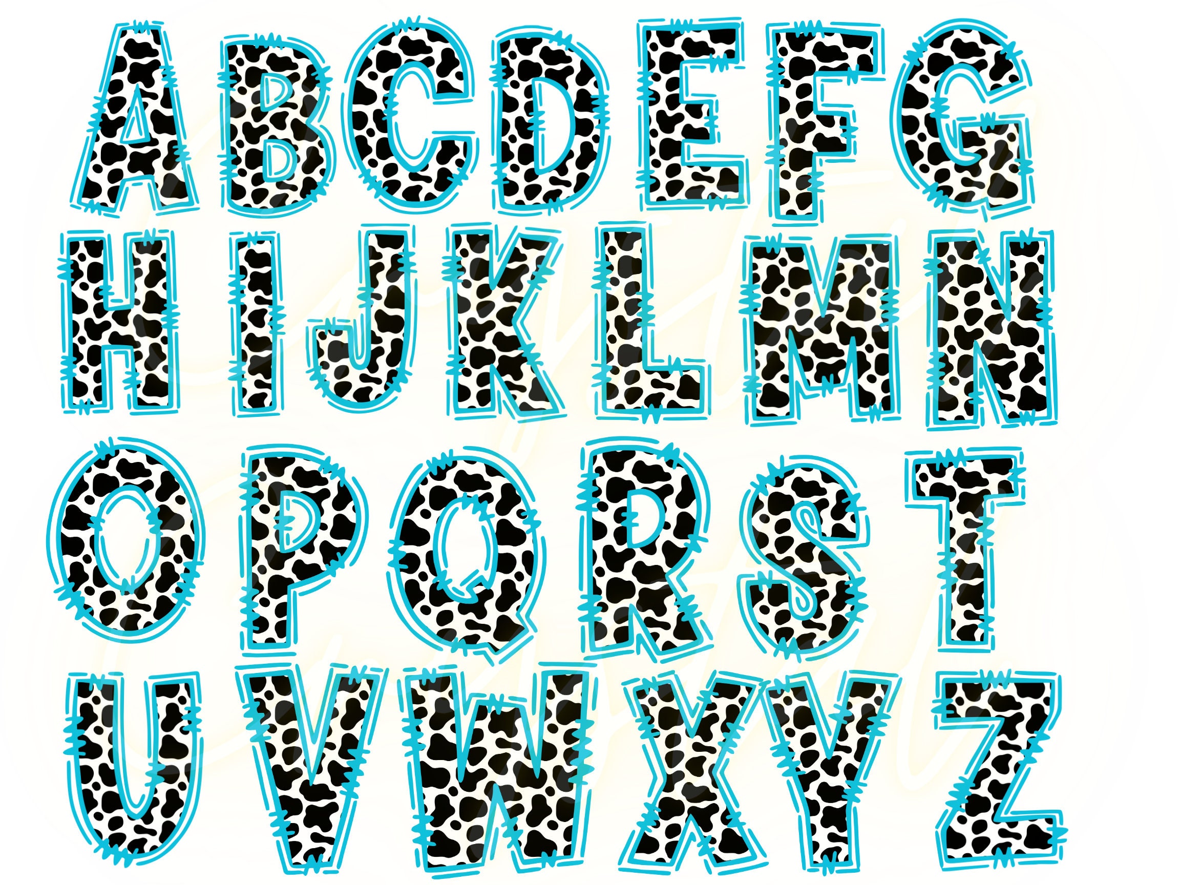 Teal Cow Print Alpha Doodle, Uppercase and Lowercase Letters, PNG ...
