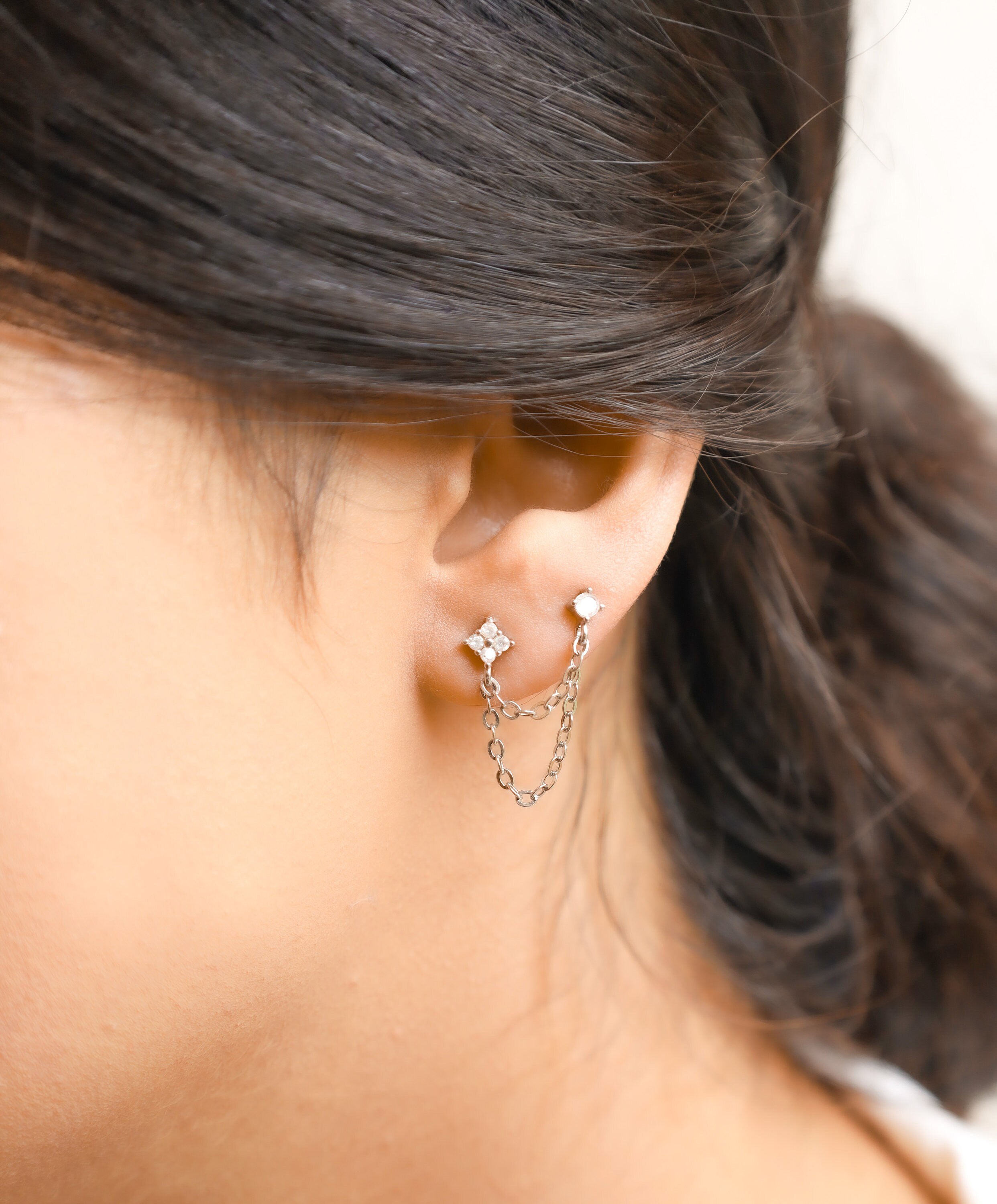 Double Stud Chain Earrings, Minimal Chain Earrings, Valentines Day Gift ...