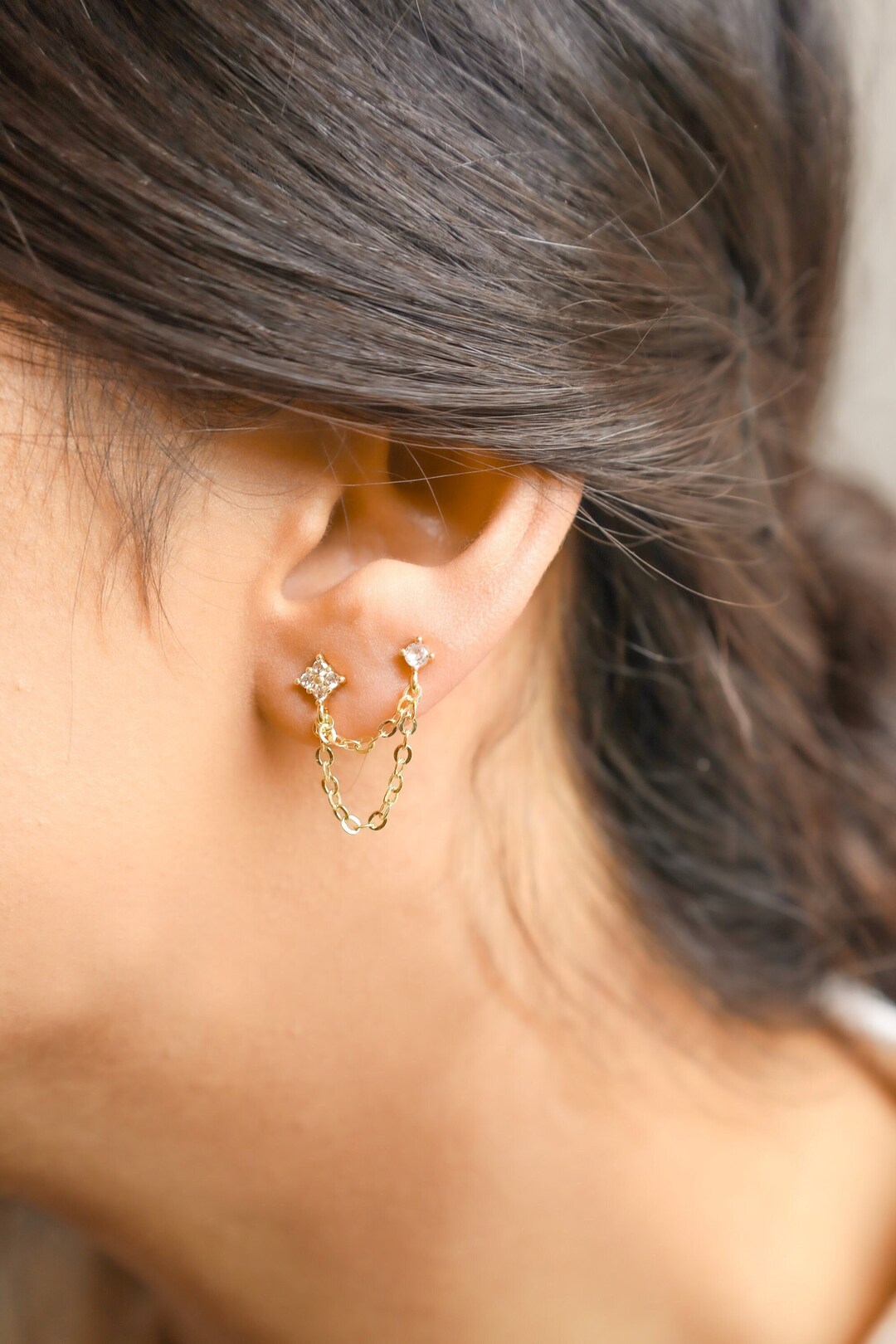 Double Stud Chain Earrings, Minimal Chain Earrings, Valentines Day Gift ...