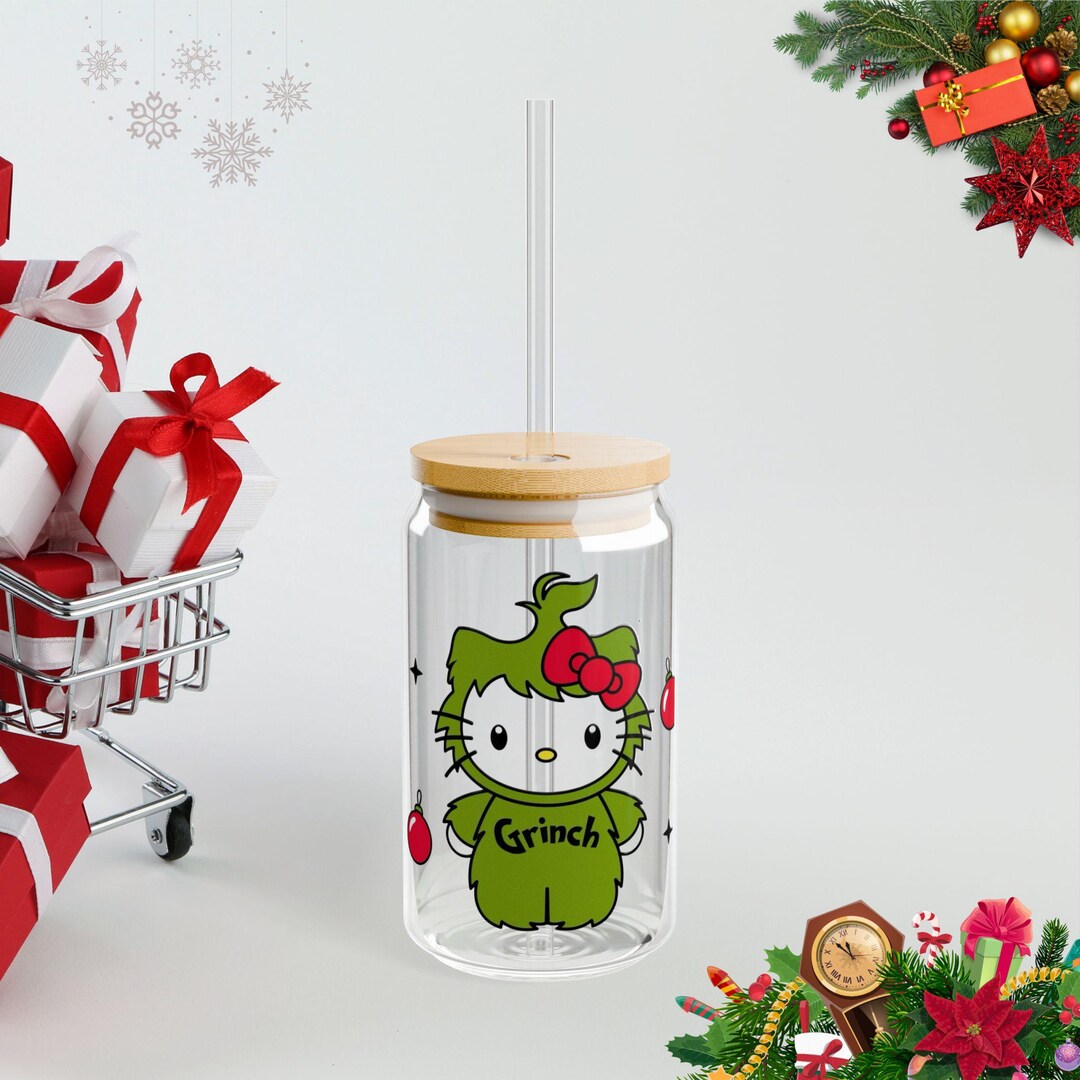 Grinch Hello Kitty Sipper Glass, 16oz Festive Christmas Drinkware, Cute ...