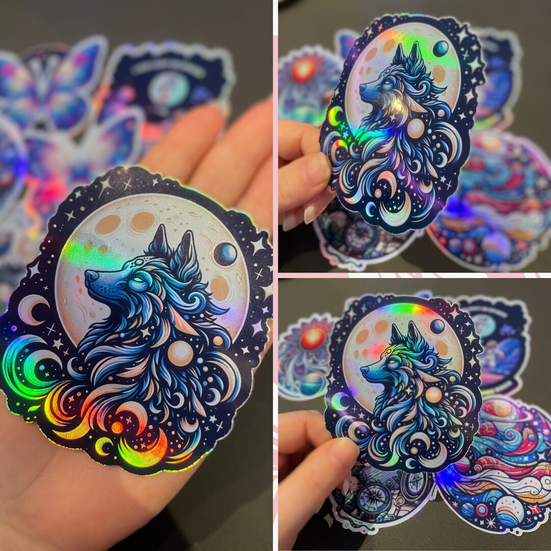 Large 9cm Holographic Vinyl Wolf Sticker Moon Wolf. Weatherproof ...