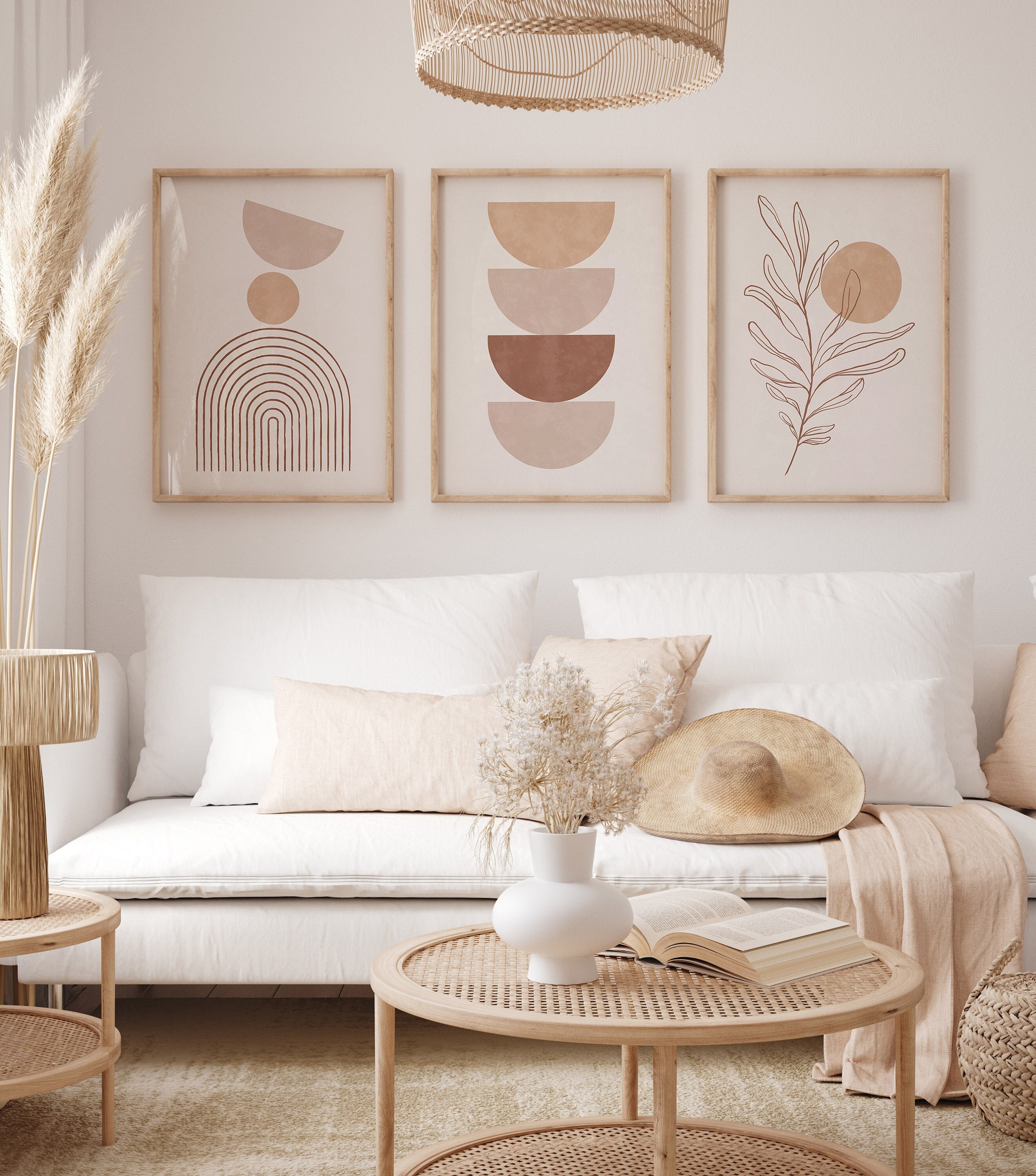 Esthetische boho abstracte printset, neutrale geometrische moderne kunst set van 3 prints ...