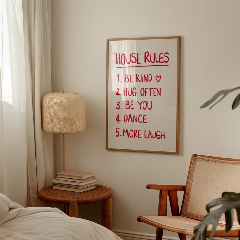 House Rules Printed Wall Art, Red Typography Family Rules Poster, Cozy ...