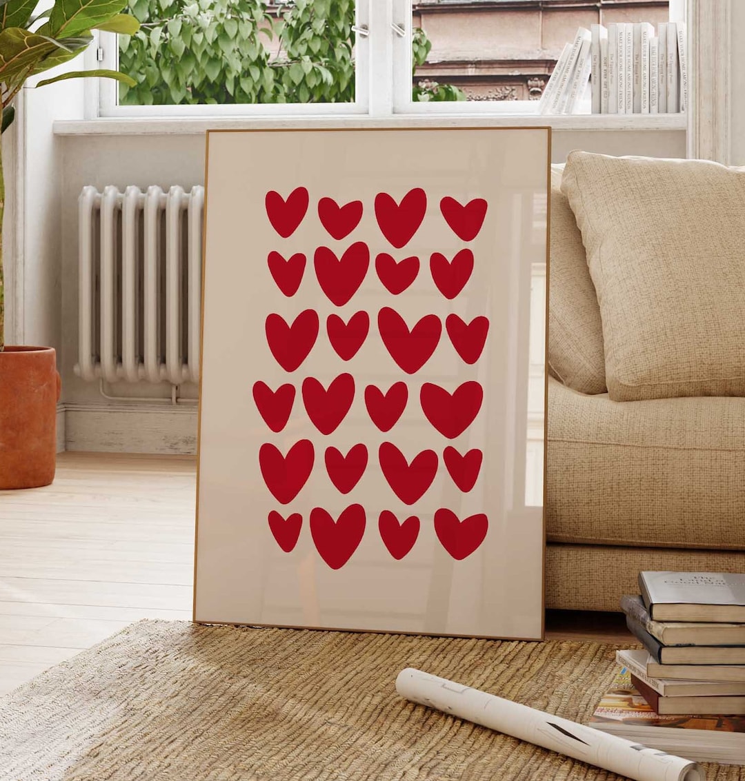 Red Hearts Preppy Printable Poster | Abstract Hand Drawn Hearts Prints ...