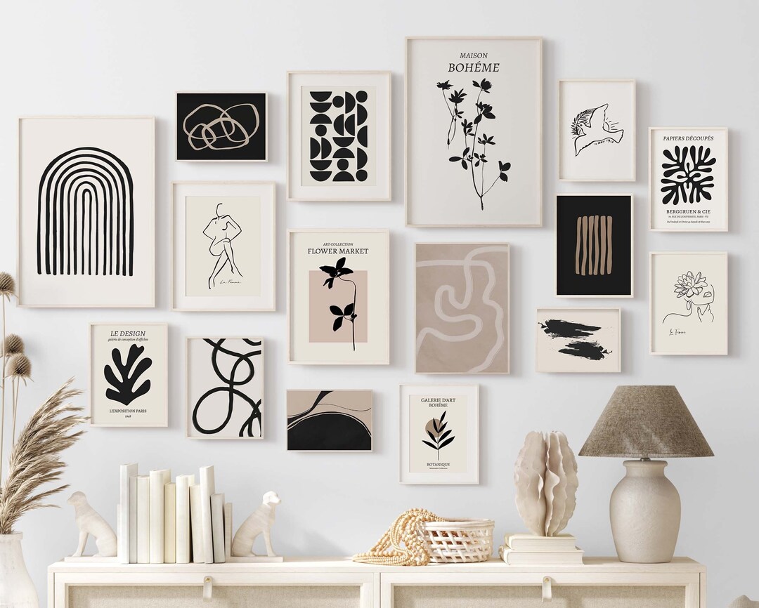 Modern Boho Gallery Wall Set of 16 | Neutral Black and Beige Abstract ...