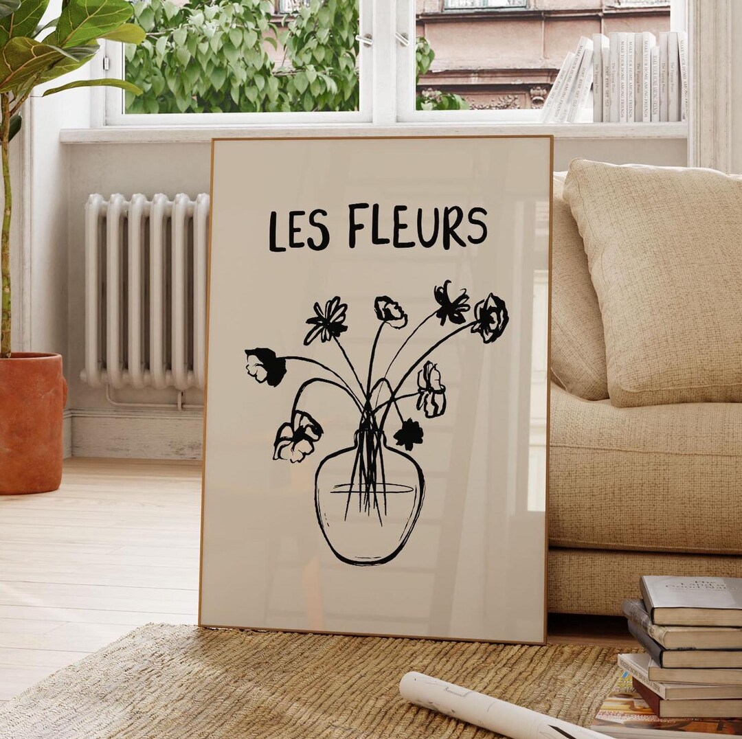 Hand Drawn Flower Vase Printable Les Fleurs Floral Poster, Retro Flower ...