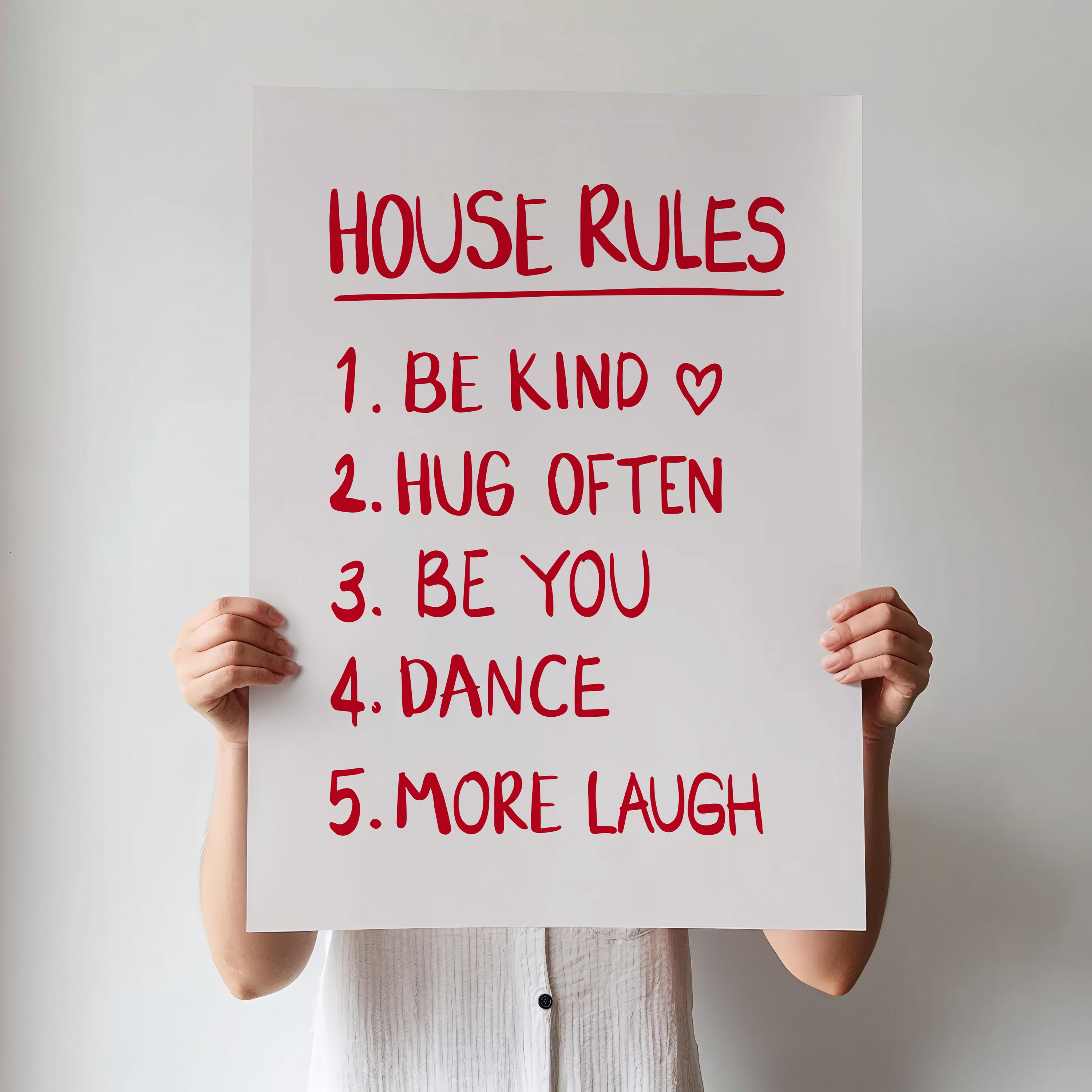 House Rules Printed Wall Art, Red Typography Family Rules Poster, Cozy ...