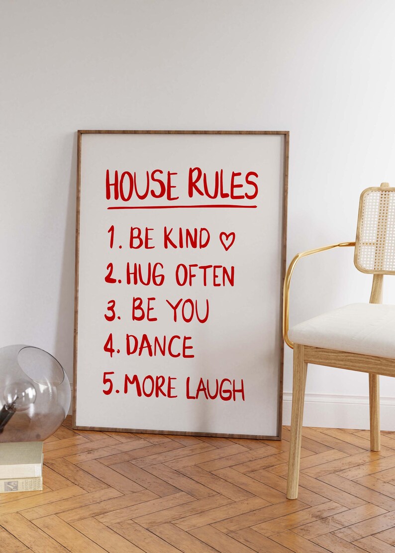 House Rules Printed Wall Art, Red Typography Family Rules Poster, Cozy ...