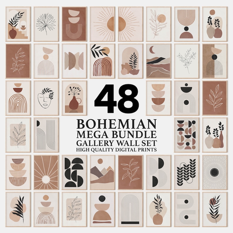 Boho Gallery Wall Mega Bundle Art Print | 48PCS Bohemian & Mid Century ...