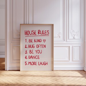 House Rules Printed Wall Art, Red Typography Family Rules Poster, Cozy ...