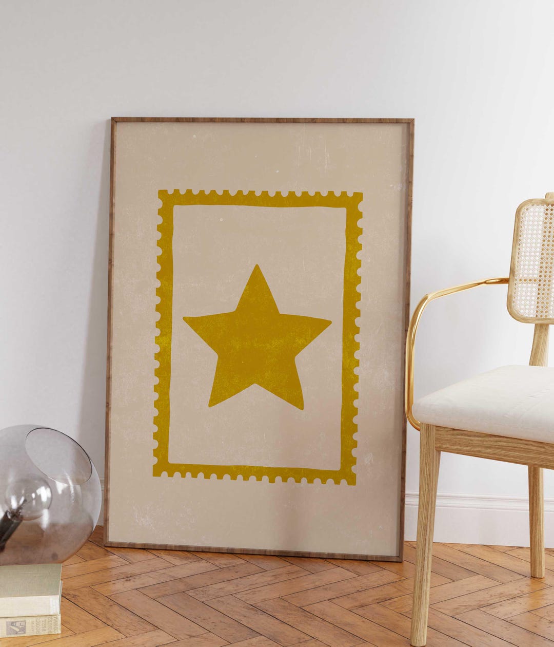 Mustard Yellow Retro Star Wall Art, Hand Drawn Gold Stamp Print, Preppy ...