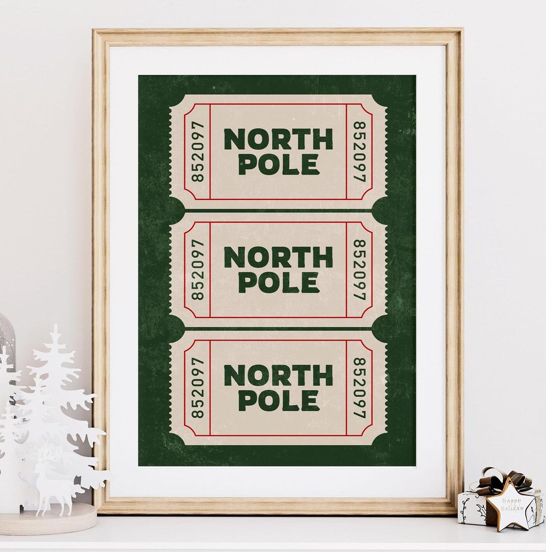 Retro North Pole Ticket Printable Poster, Trendy Green Christmas Decor ...