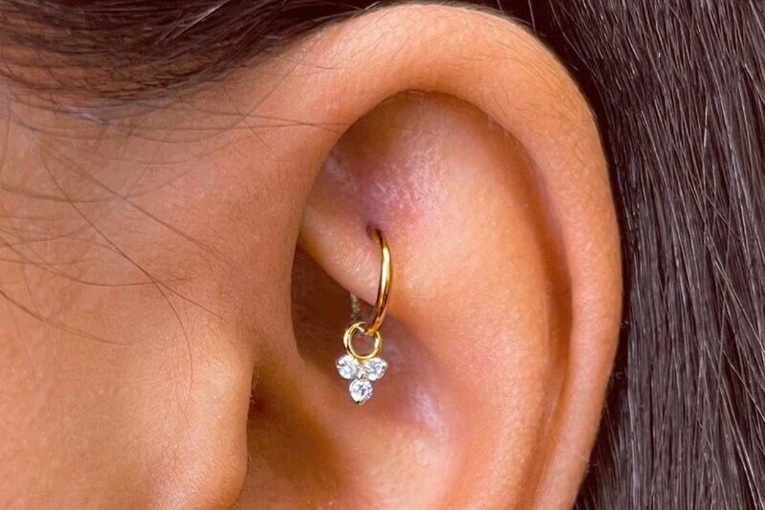 16G Sterling Silver Dangle Rook Earring, 14K Gold Plated Rook Hoop, CZ Rook Piercing Jewelry ...