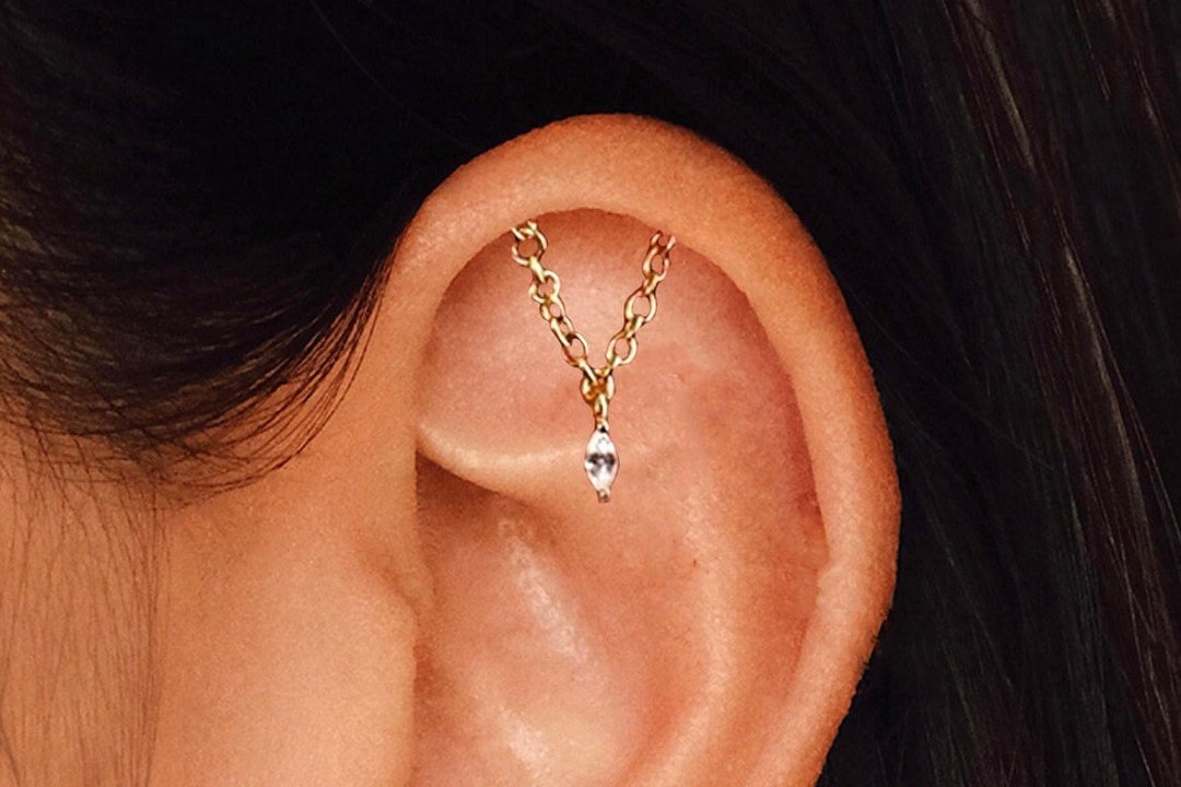 20g 925 Sterling Silver Gold Top Helix Chain Piercing 18k Gold Plated