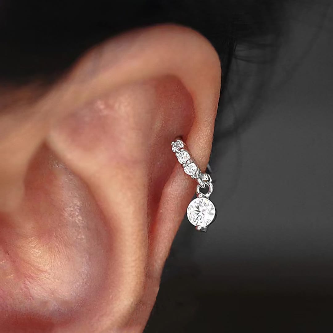 20G Sterling Silver CZ Dangle Hoop Earring, Gold/silver CZ Cartilage ...