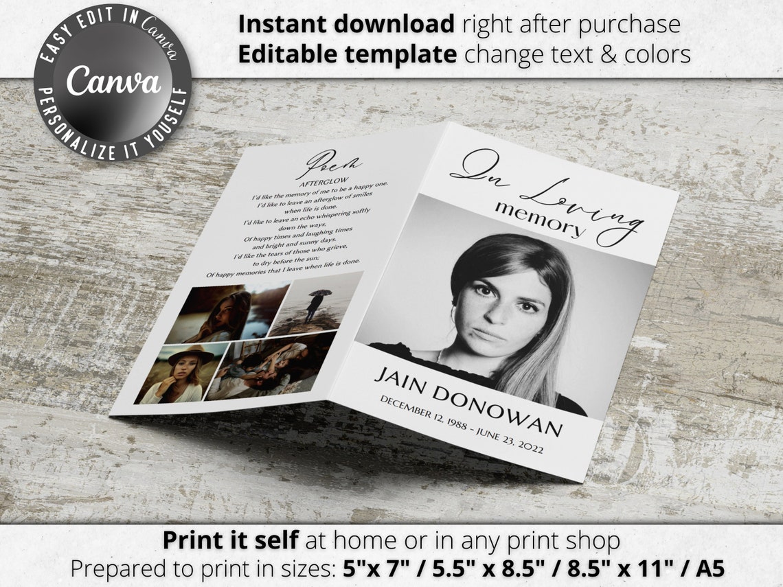 In Loving Memory Funeral Bi-fold Brochure Template, to Self Edit and ...