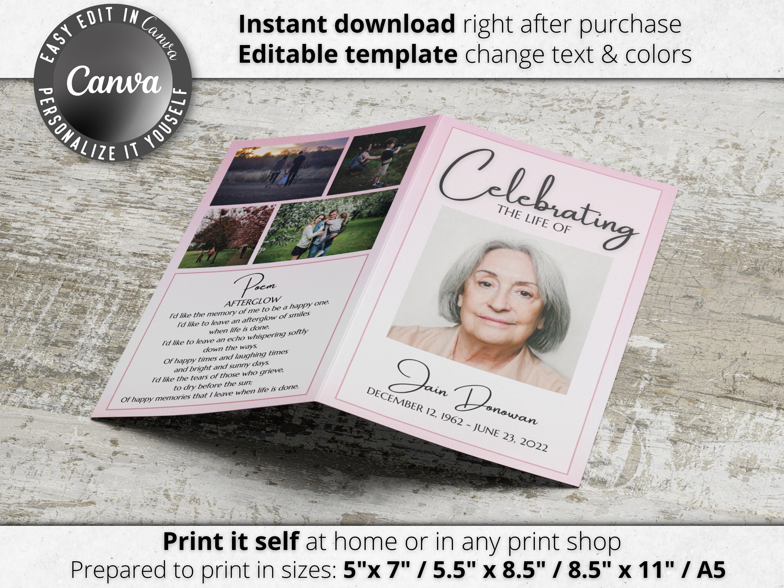 Funeral Program Template, Self Editable and Easy to Print at Home. Half ...