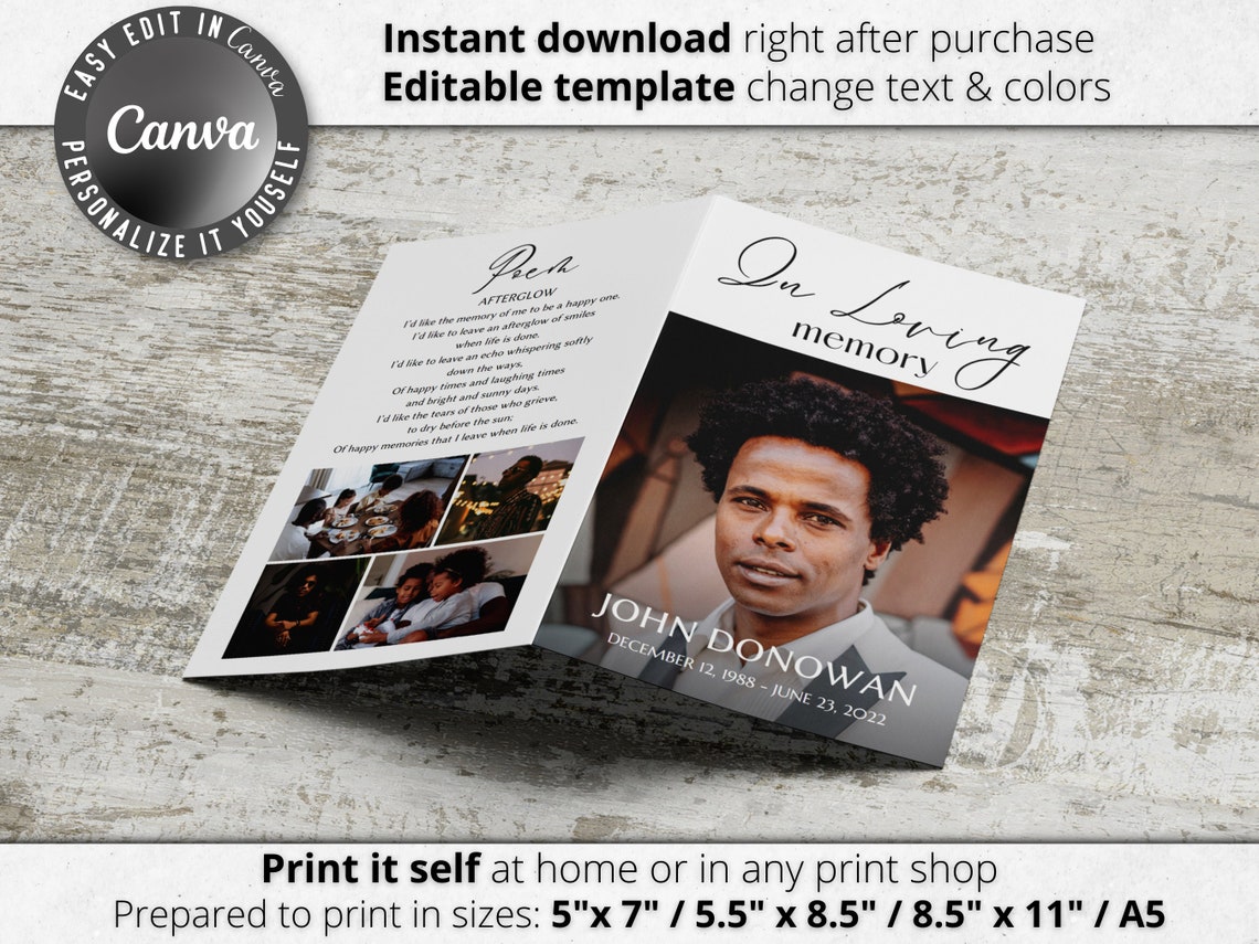 In Loving Memory Funeral Bi-fold Booklet Template, to Self Edit and ...