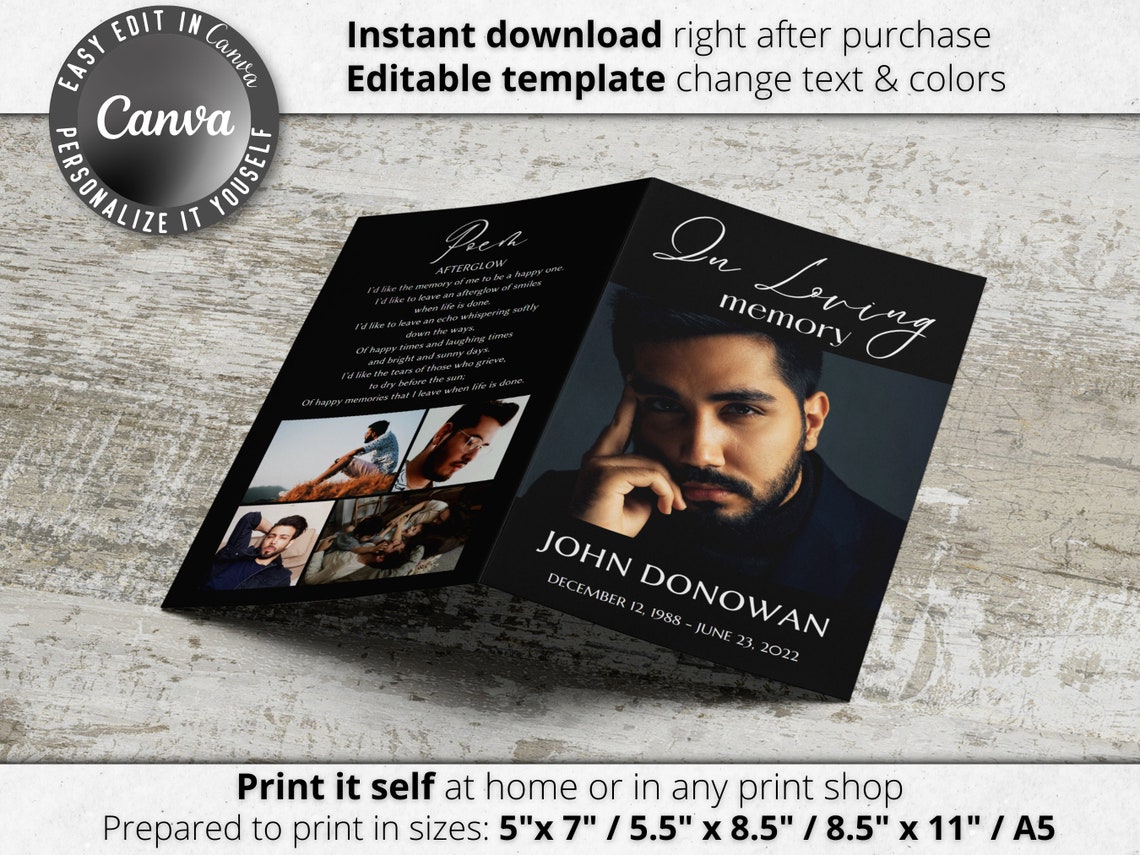 In Loving Memory Funeral Bi-fold Program Template, to Self Edit and ...