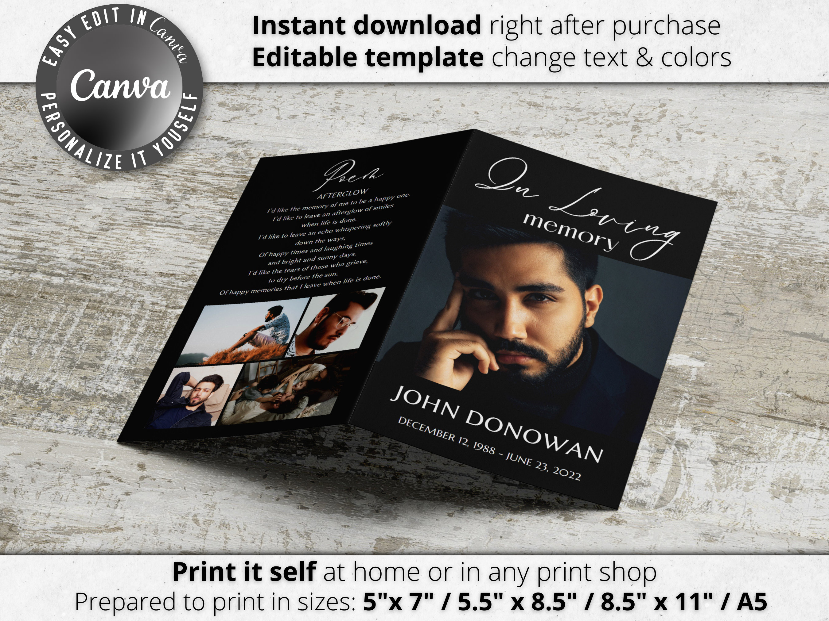 In Loving Memory Funeral Bi-fold Program Template, to Self Edit and ...